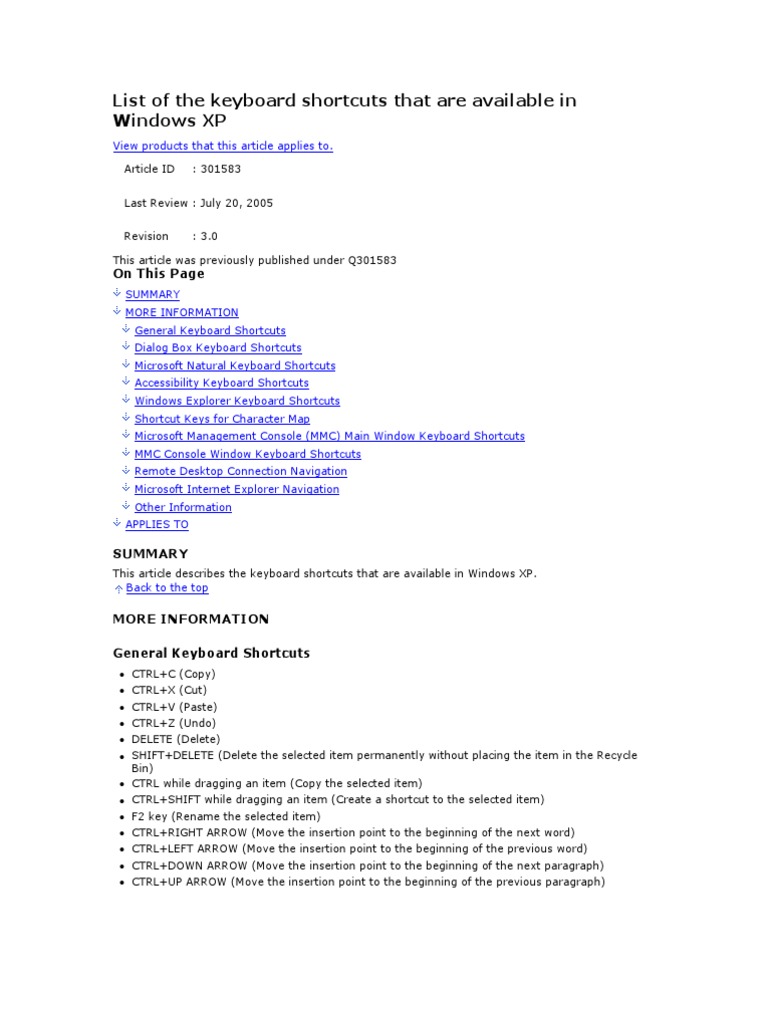 List of The Keyboard Shortcuts That Are Available in Windows XP | PDF ...
