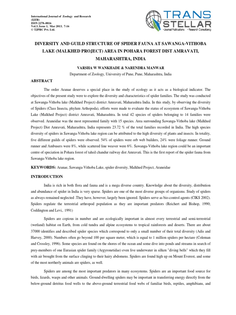 Diversity and Guild Structure of Spider Fauna at Sawanga-Vithoba Lake ...