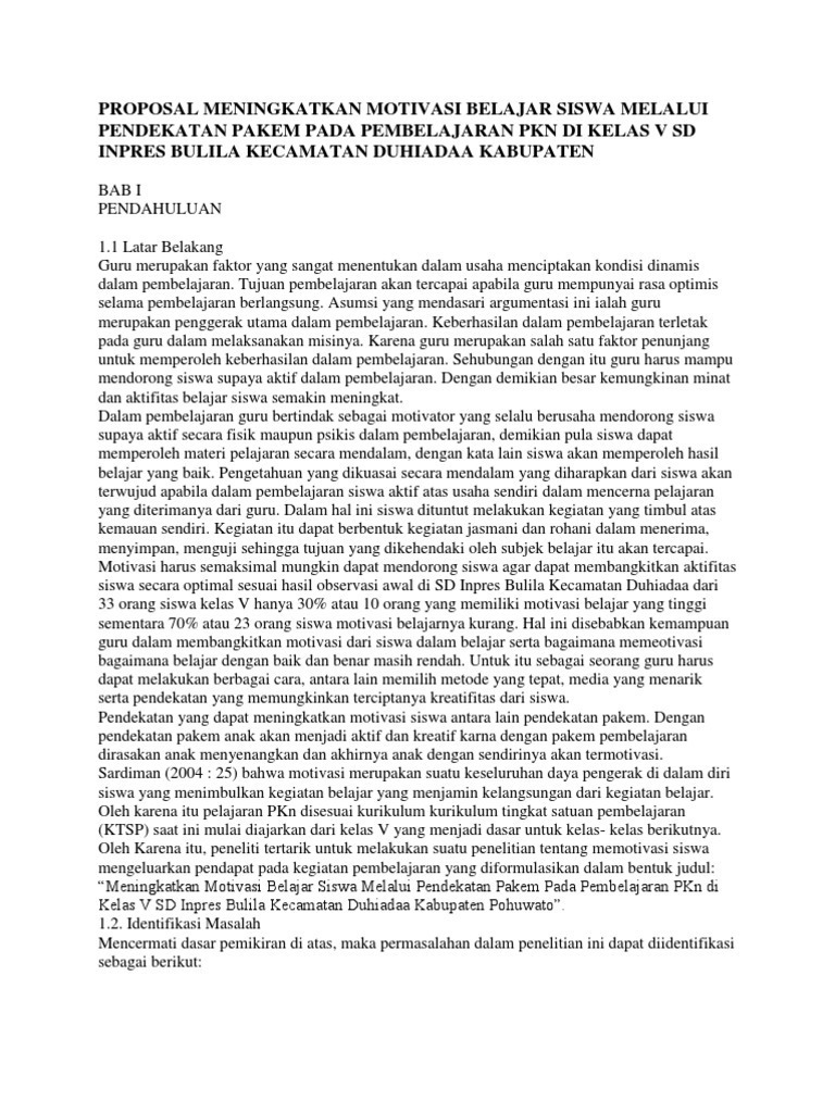 Proposal Meningkatkan Motivasi Belajar Siswa Melalui Pendekatan Pakem Pada Pembelajaran PKN Di ...