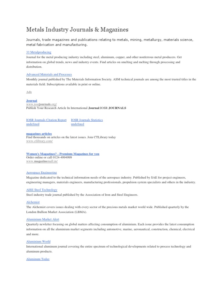 Metals Industry Journals&Magazines | PDF | Magazines | Metals