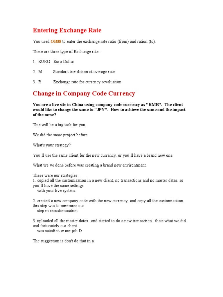 Entering Exchange Rate: Change in Company Code Currency | PDF ...