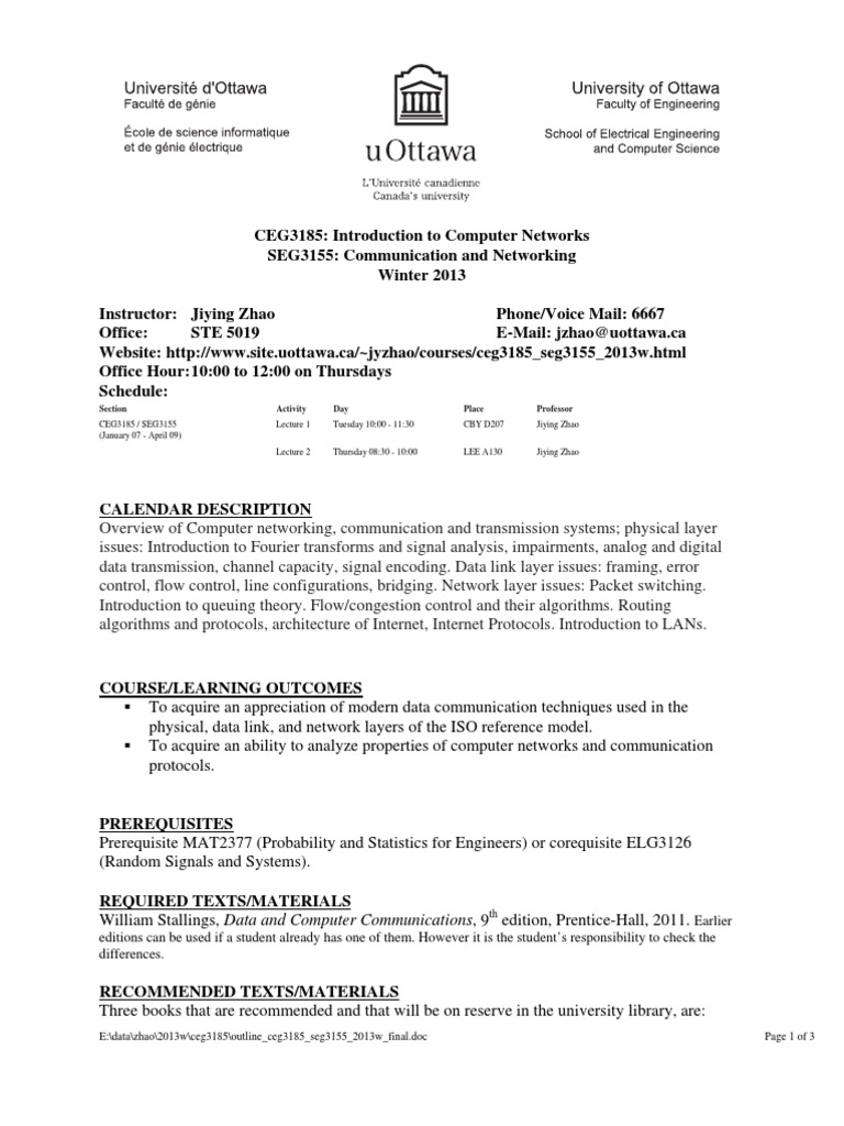 Outline Ceg3185 Seg3155 2013w Final PDF | PDF | Data Transmission | Packet Switching