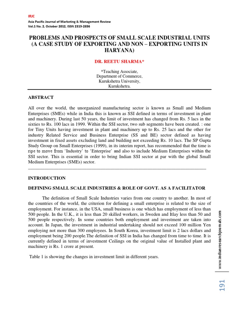 Problems and Prospects of Small Scale Industrial Units (A Case Study of ...