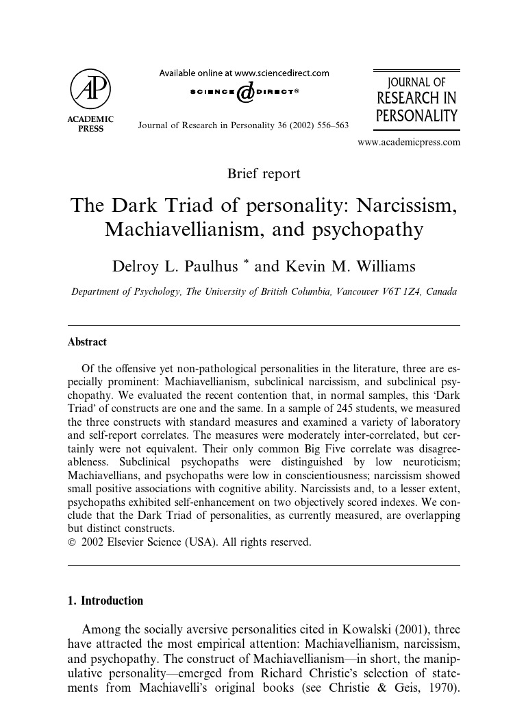 Dark Triad: Distinct Personality Traits | PDF | Dark Triad | Psychopathy