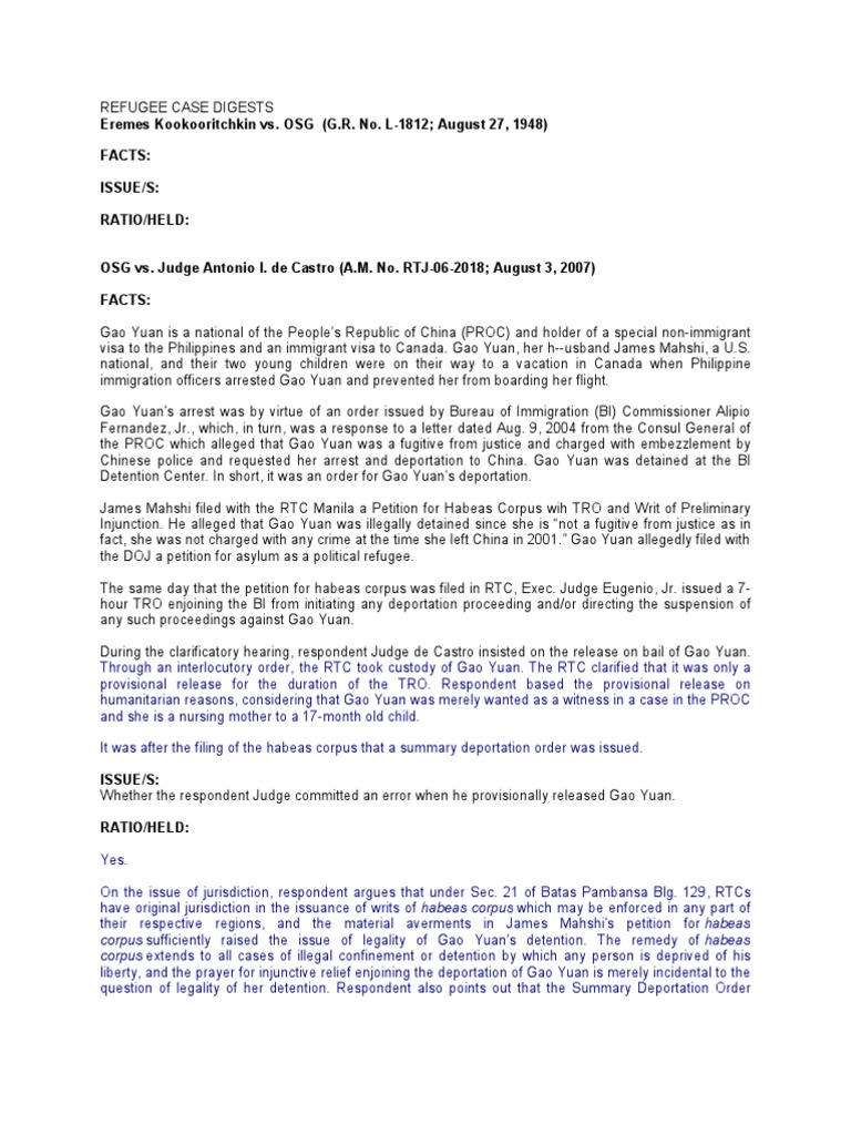 Refugee Case Digests A | PDF | Habeas Corpus | Bail