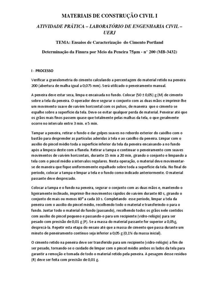 Ensaio De Caracterização Do Cimento Portland Pdf Cimento Science