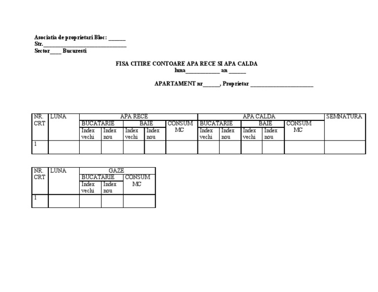 Model Tabel Citire Index Consum Apometre Si Contor Gaze | PDF