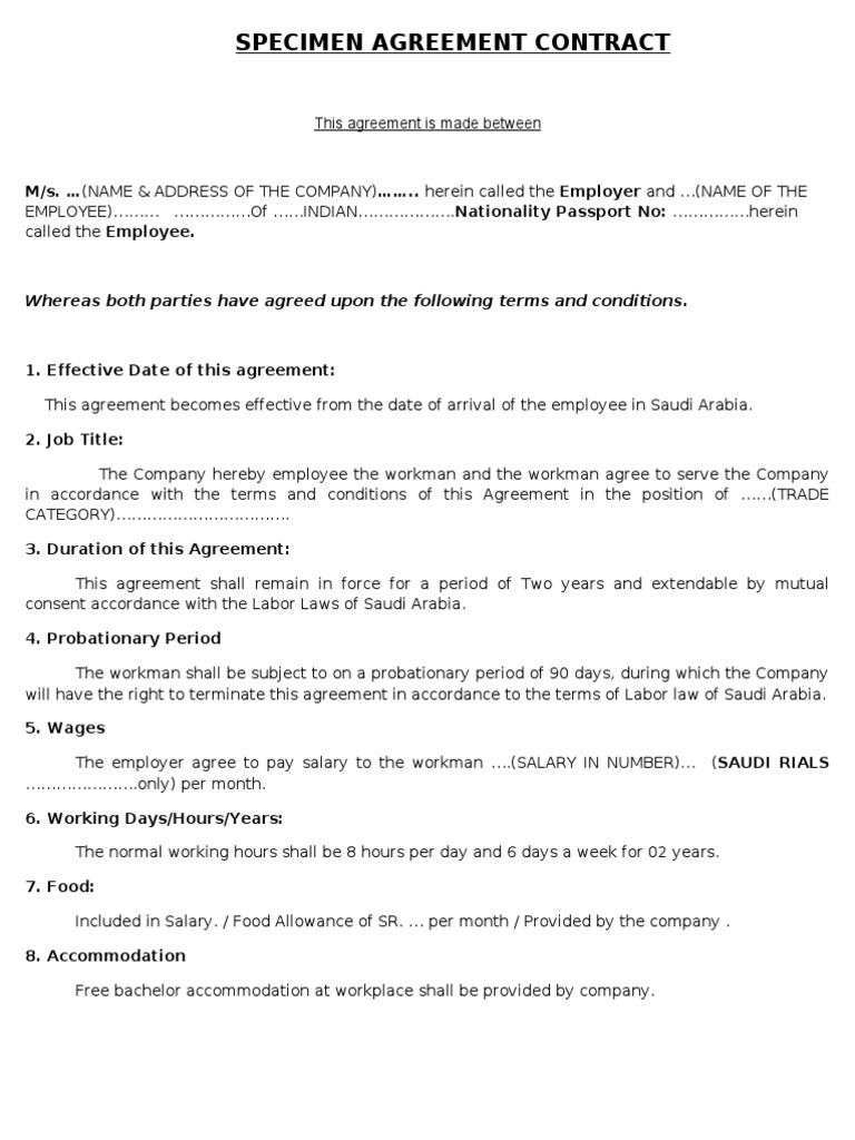 Saudi Arabia Employment Contract Sample | PDF | Employment | Labour Law