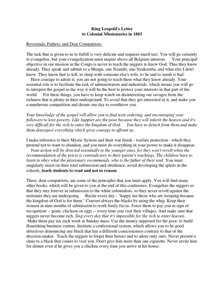 King Leopold's Letter To Colonial Missionaries in 1883 | PDF | Theology ...