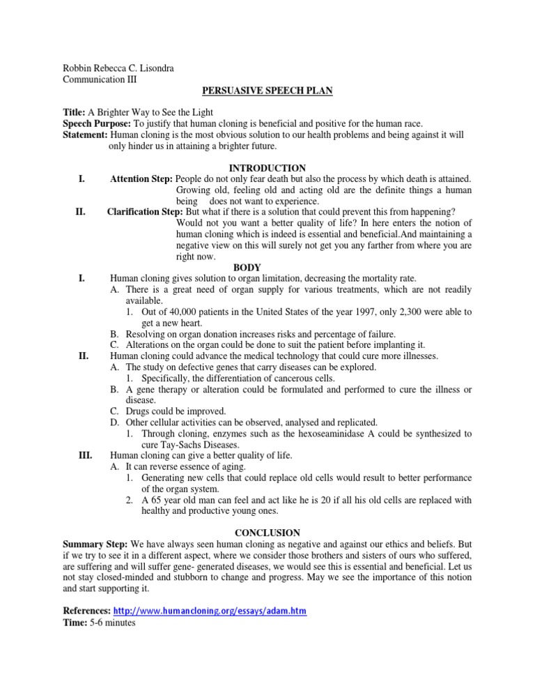 Persuasive Speech Plan | PDF | Cloning | Gene