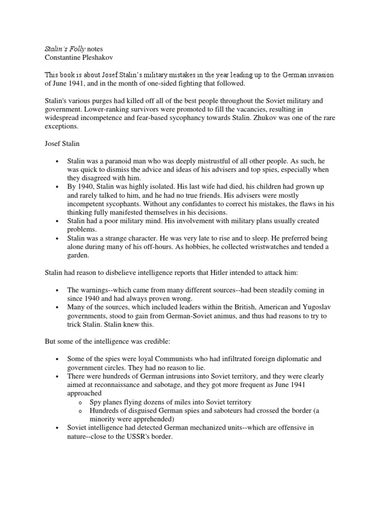 Stalin's Folly Notes | PDF | Joseph Stalin | Operation Barbarossa