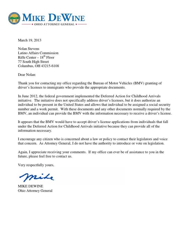BMV-DACA Letter From Attorney General DeWine