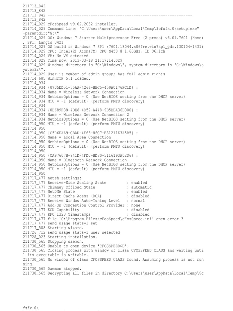 cFosSpeed Setup Log | PDF | Installation (Computer Programs) | Windows Registry
