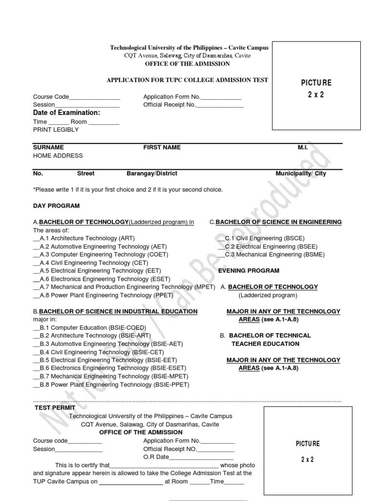 TUP ApplicationForm | PDF | University And College Admission | Engineering