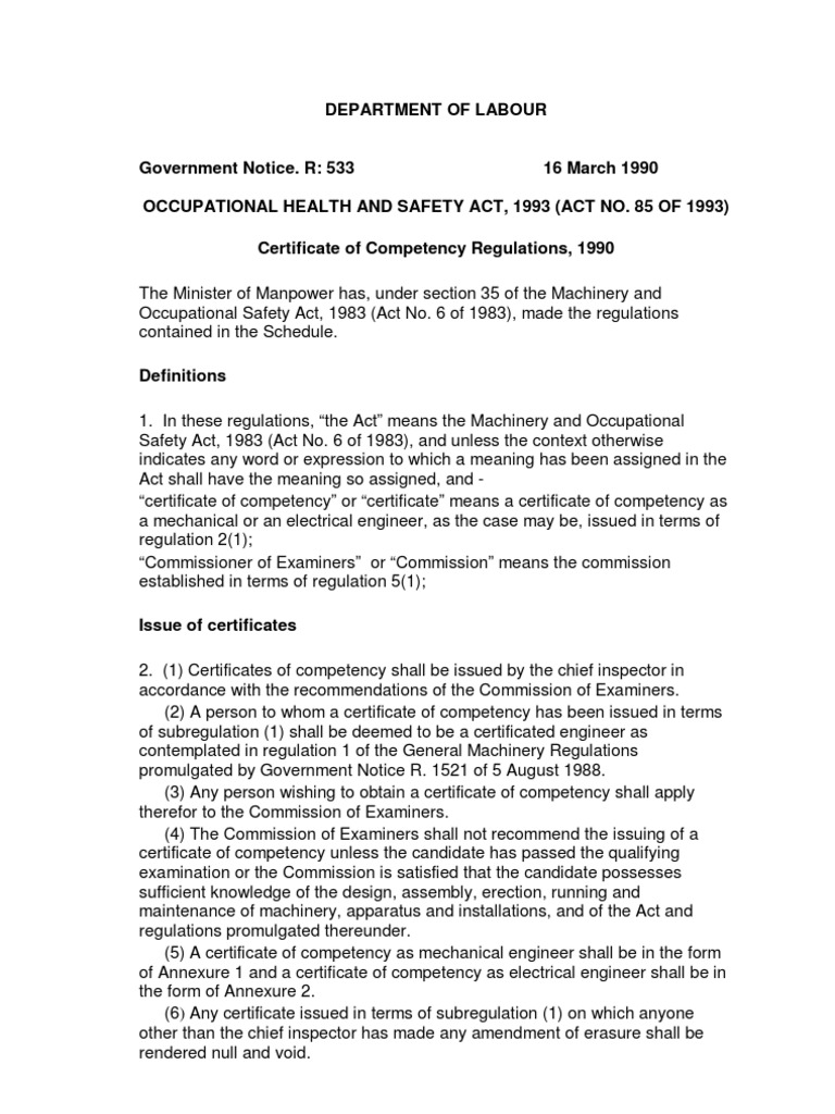 Regulation - 533 - OHS - Certificate of Competency | PDF | Occupational ...
