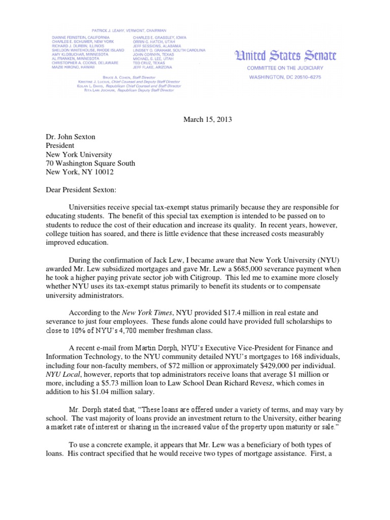 Grassley NYU Letter | Loans | Mortgage Loan