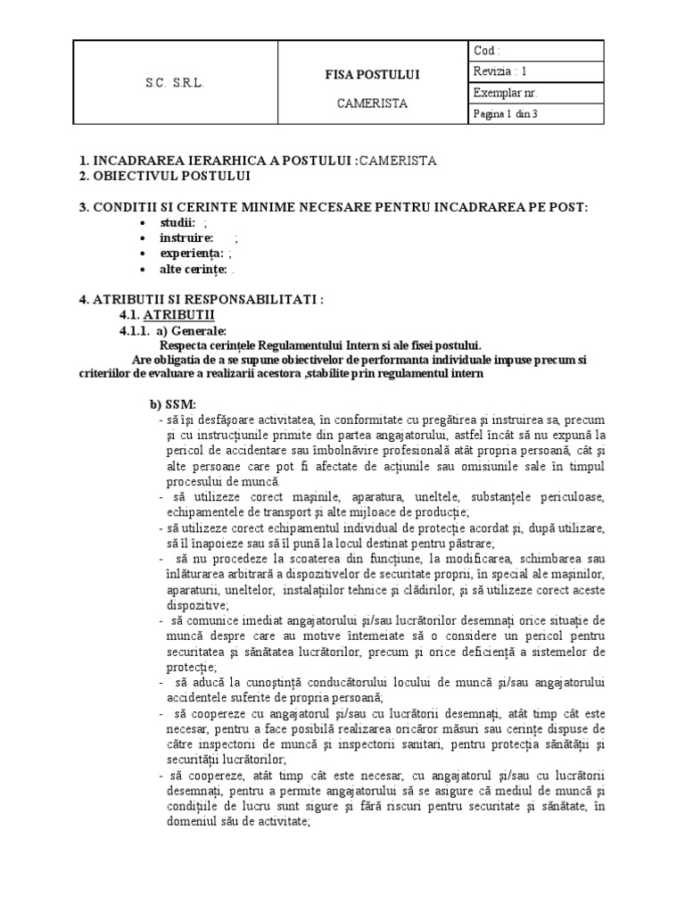 Fisa de Post CAMERISTA | PDF