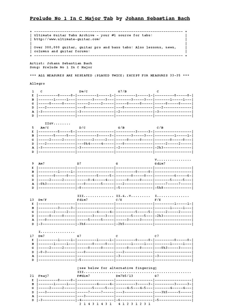 Prelude No 1 in C Major (Ver 1) by Johann Sebastian Bach Tabs at ...
