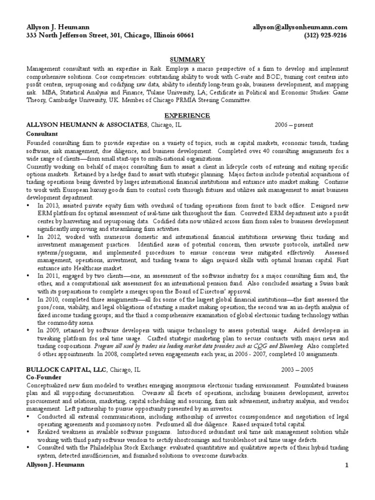 Allyson Joy Heumann Resume | PDF | Option (Finance) | Risk Management