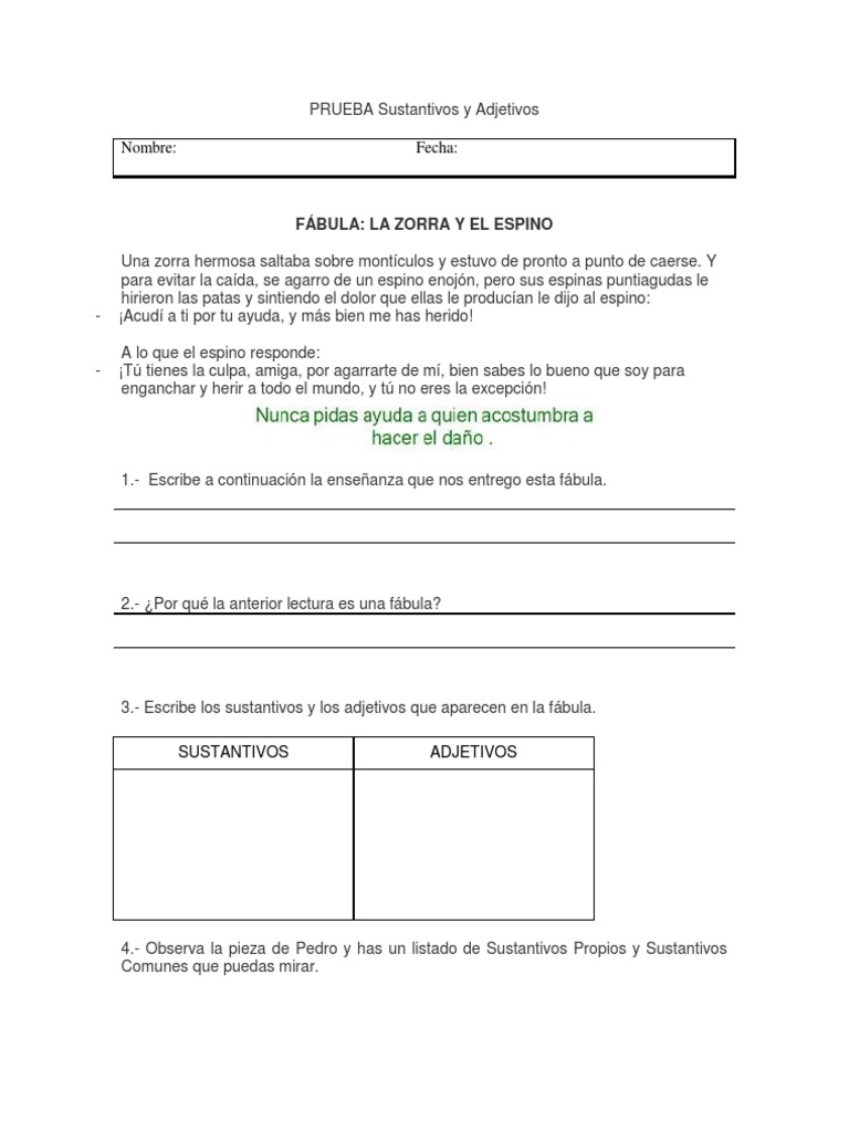 PRUEBA Sustantivos y Adjetivos | PDF