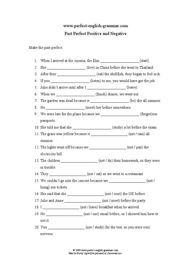 Past Perfect Simple Form Positive and Negative | PDF | Leisure