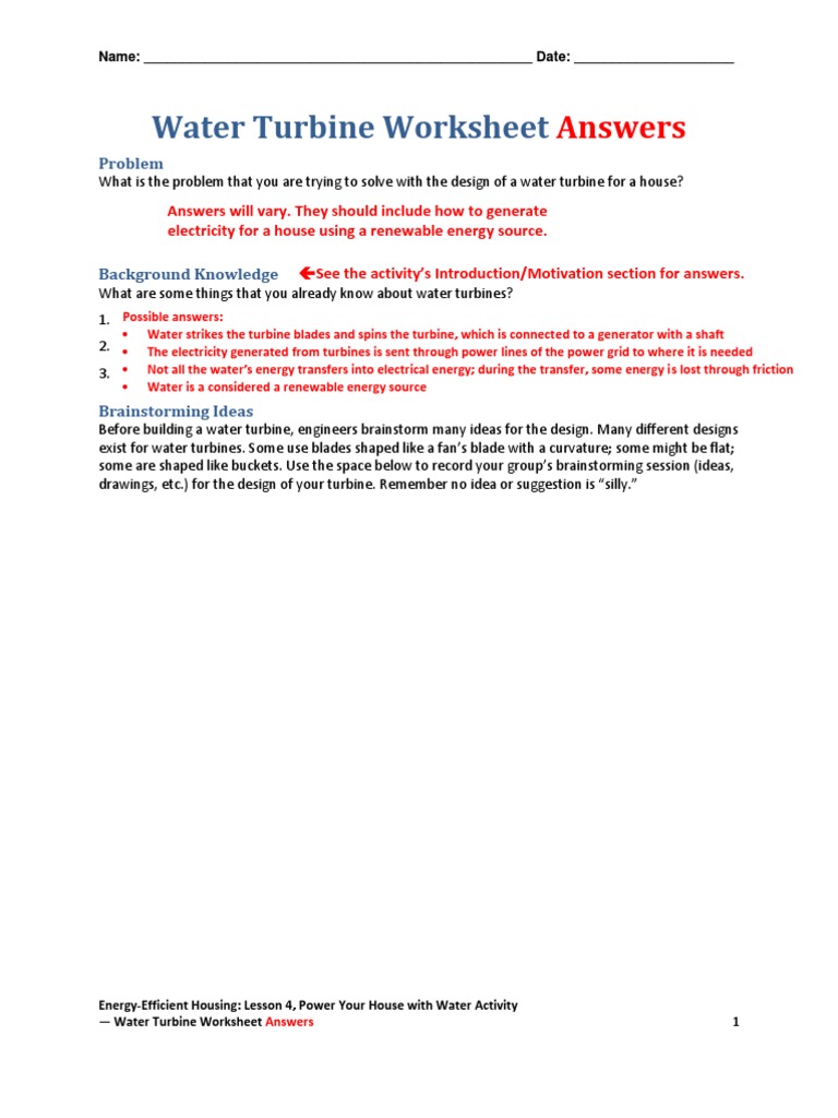 Water Turbine Worksheet: Answers | PDF | Turbine | Power Station