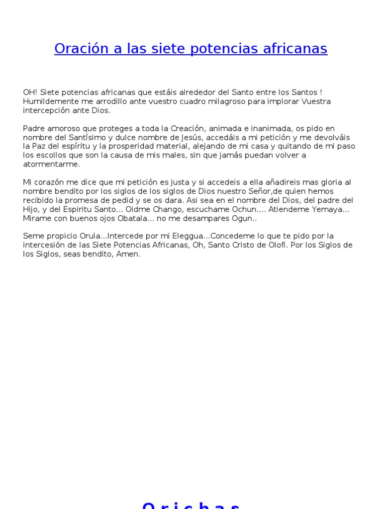 Oracion A Las Siete Potencias Africanas PDF | PDF | Oración | Santeria
