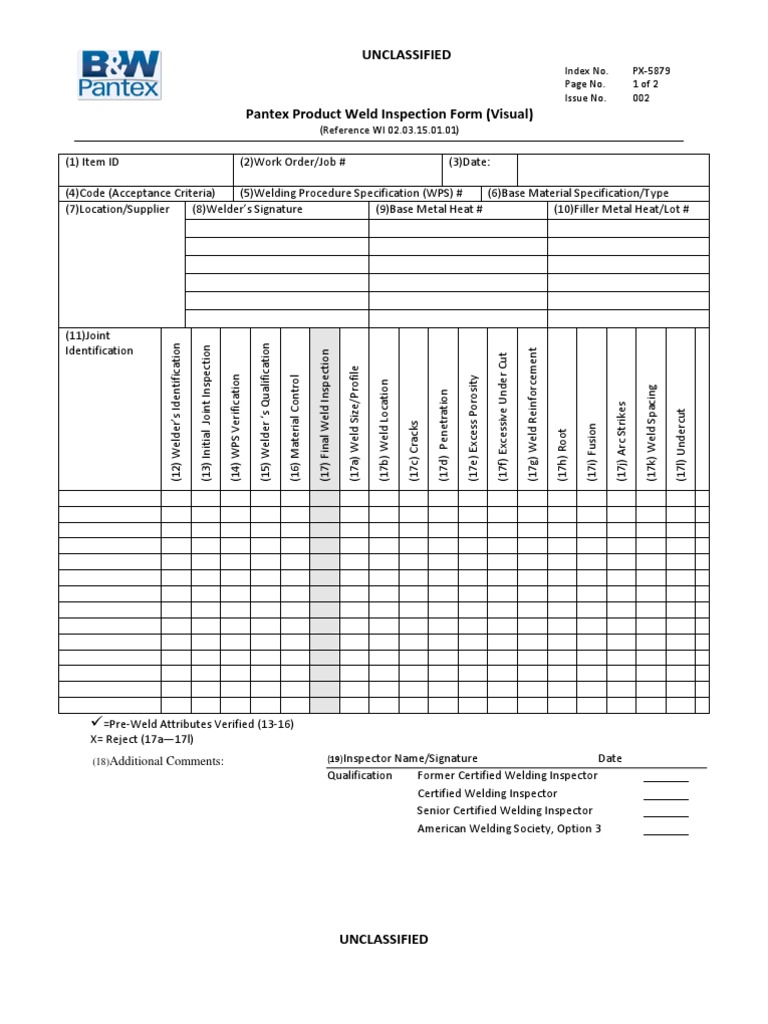 px5879 Pantex Product Weld Inspection Form (Visual) PDF | PDF | Welding ...