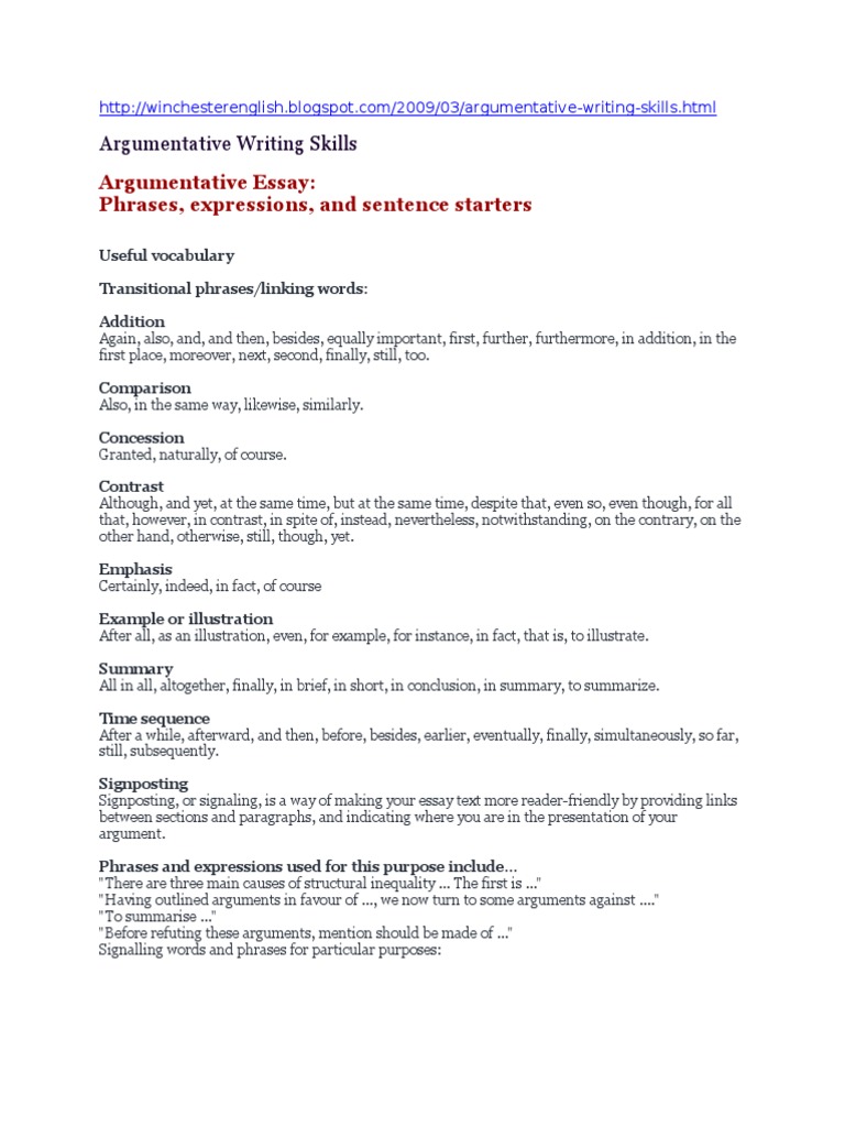Argumentative Essay Sentence Starters | PDF | Argument | Essays