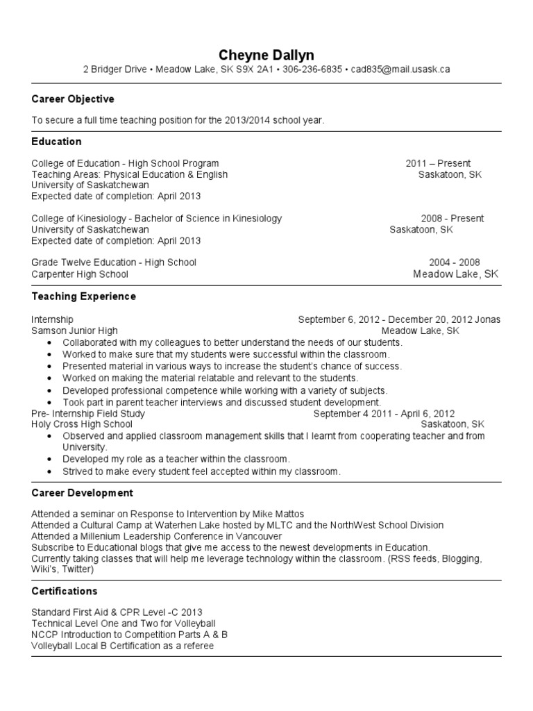 Teaching Resume of Cheyne Dallyn | PDF | Secondary School | Teachers