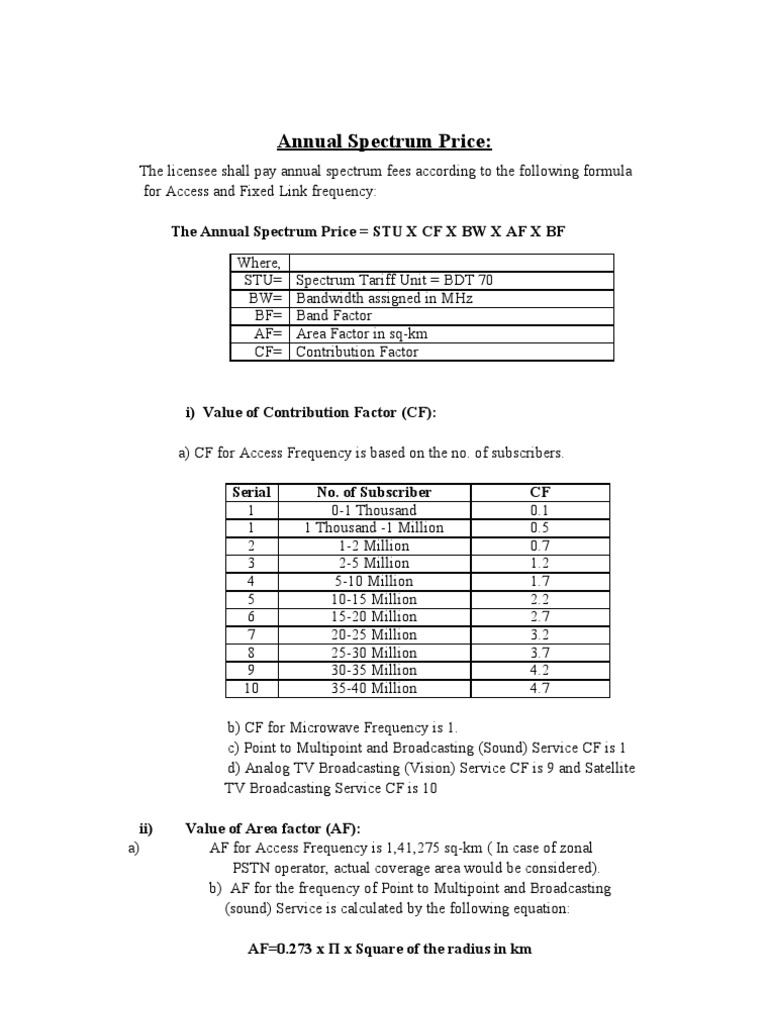 Annual Spectrum Pricing Formula Explained | PDF