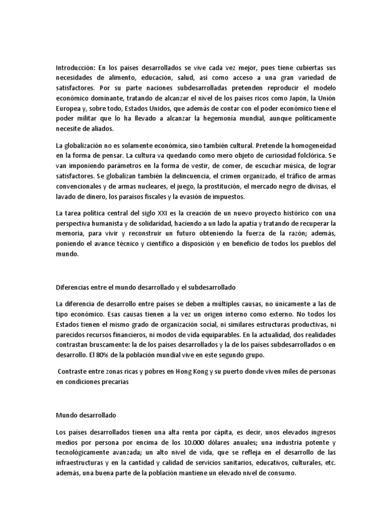 Diferencias Entre Paises Desarrollados y Subdesarrollados | PDF | País ...