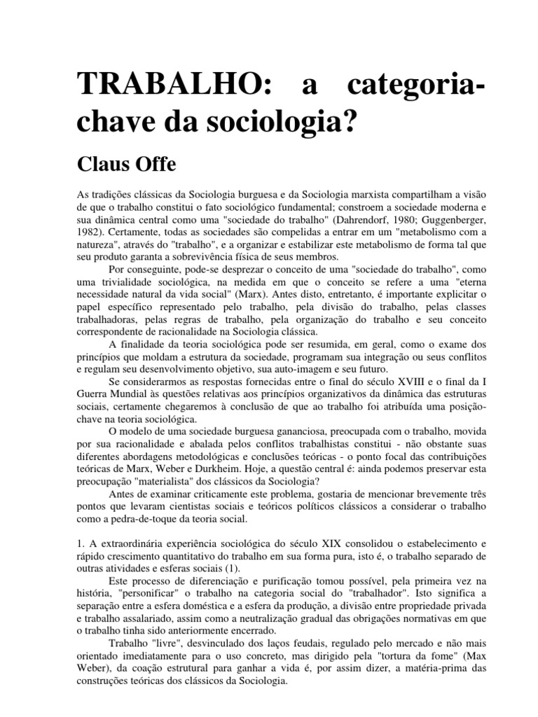 Claus, Offe - Trabalho. Categoria Sociológica-Chave | PDF | Sociologia ...
