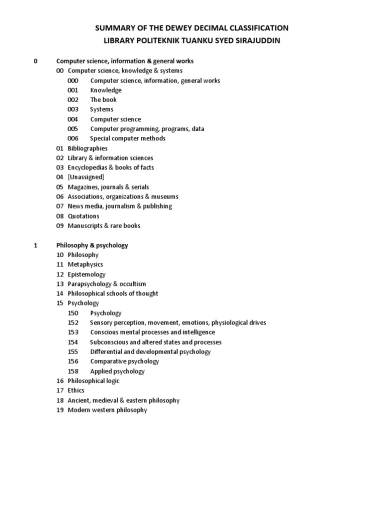Summary of The Dewey Decimal Classification | PDF | Engineering | Science