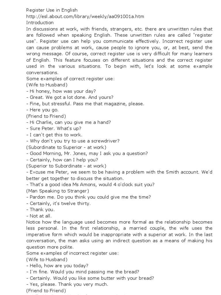 Register Use in English - 2013.03.19 | Conversation | English Language