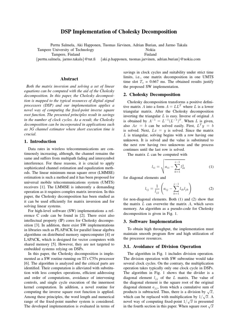 DSP Implementation of Cholesky Decomposition | PDF | Matrix (Mathematics) | Control Flow