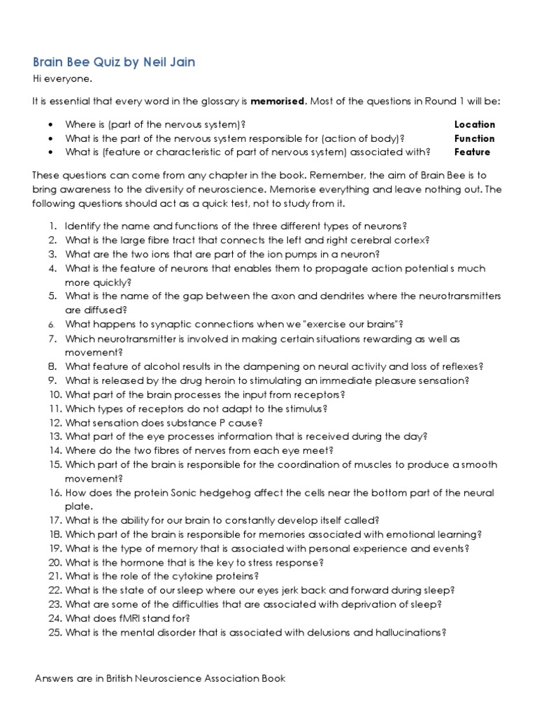 Brain Bee Quiz by Neil Jain | Neuron | Brain