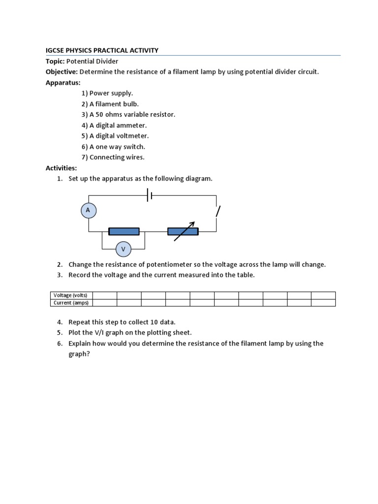 Igcse Physics Practical Activity (Potential Divider) | PDF