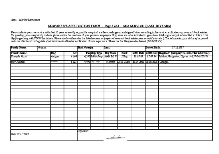 Seafarer's Application Form: Sea Service | PDF | Business