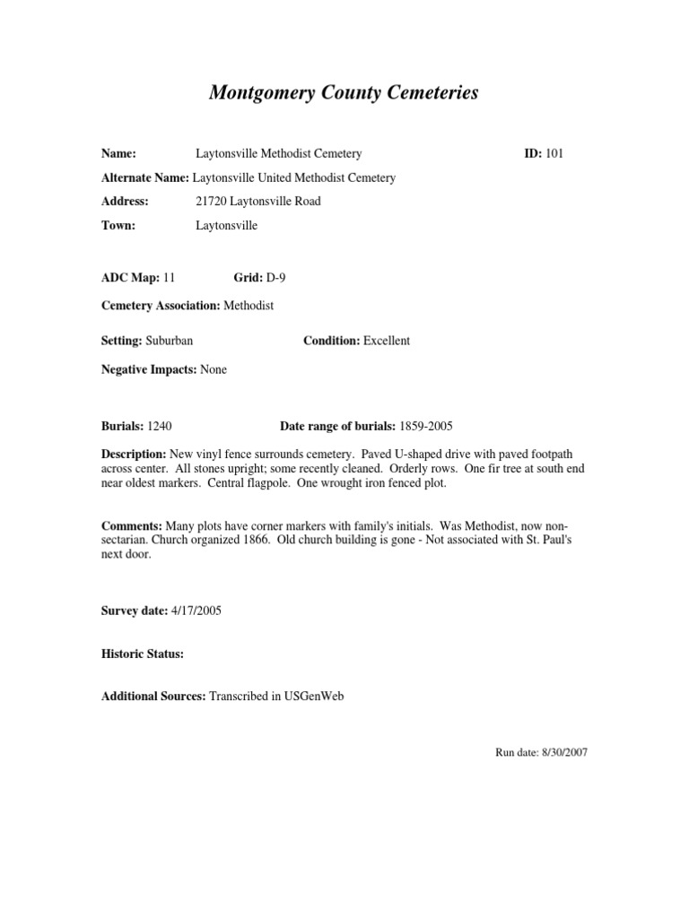 Montgomery County Cemeteries Name: Laytonsville Methodist Cemetery (ID ...