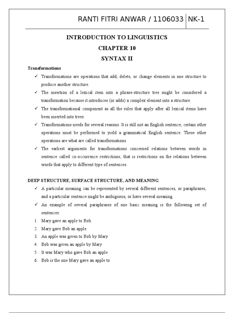 Introduction To Linguistics Chapter 10 Syntax 2 | PDF | Lexical Semantics | Syntax