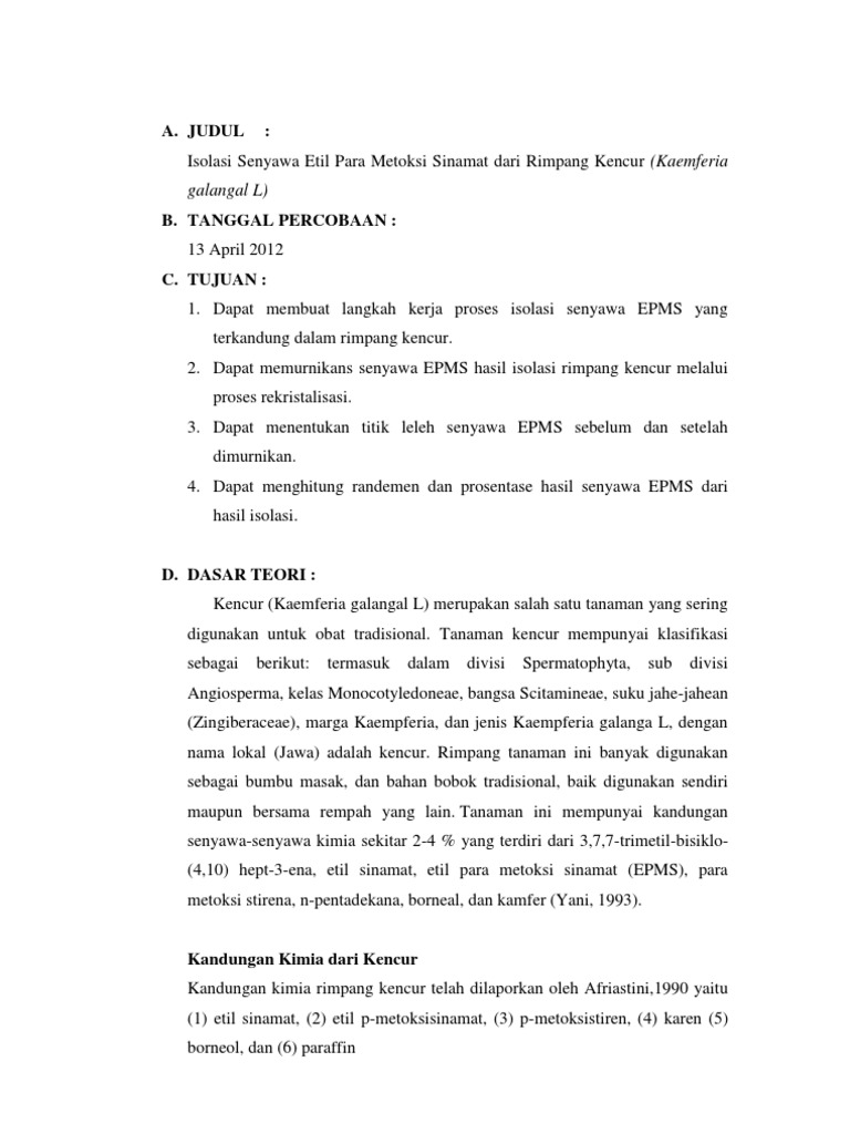 Isolasi EPMS dari Rimpang Kencur | PDF | Memasak, Makanan, & Anggur ...