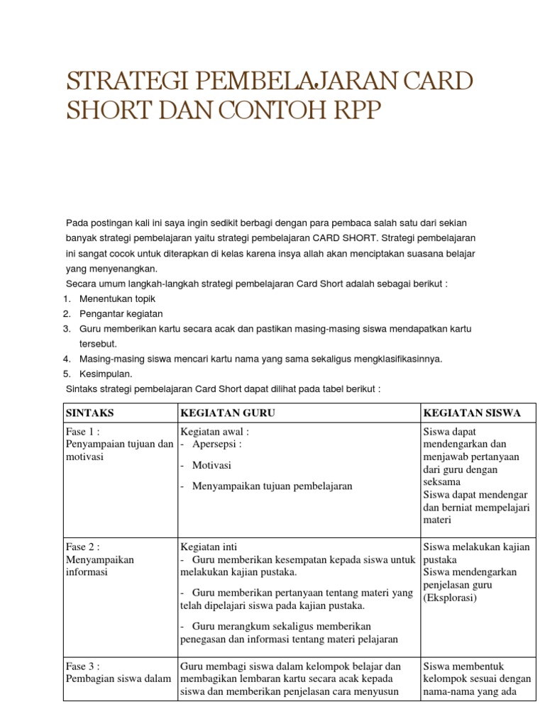 Strategi Pembelajaran Card Short Dan Contoh RPP | PDF
