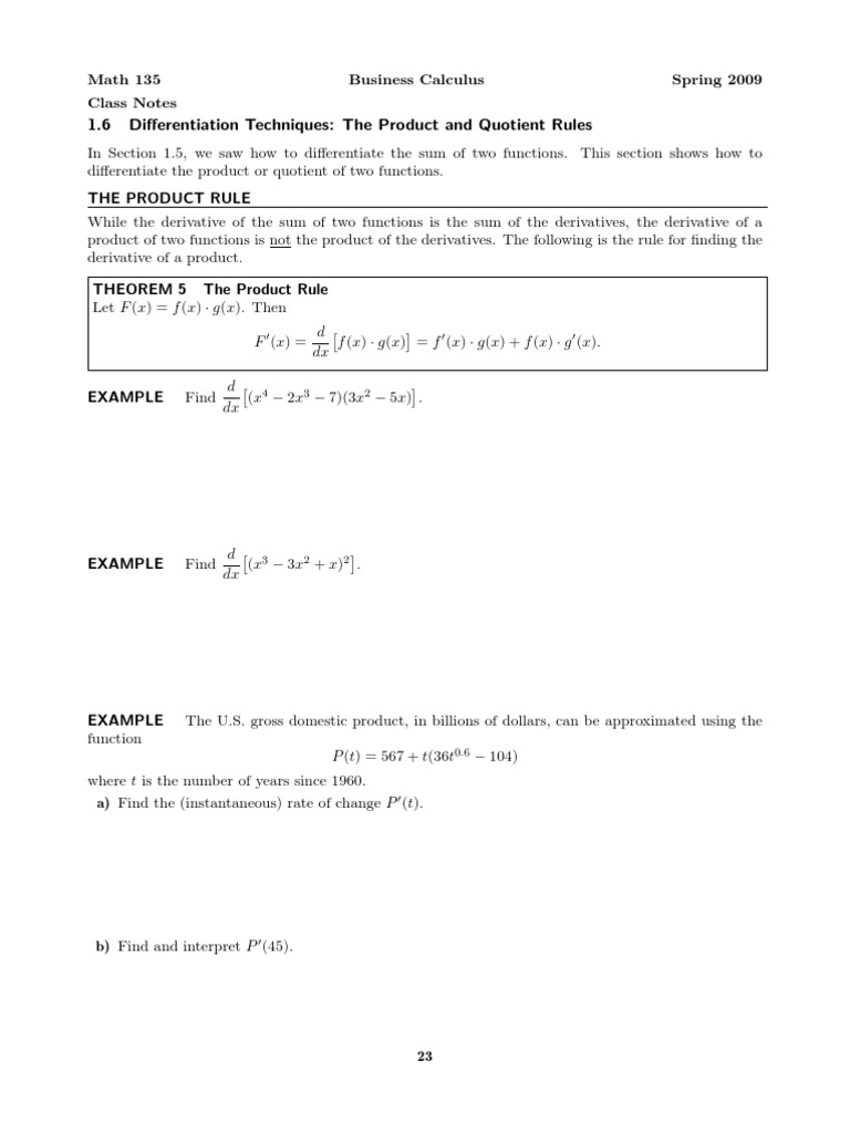 1.6 Differentiation Techniques Product and Quotient Rules | PDF ...