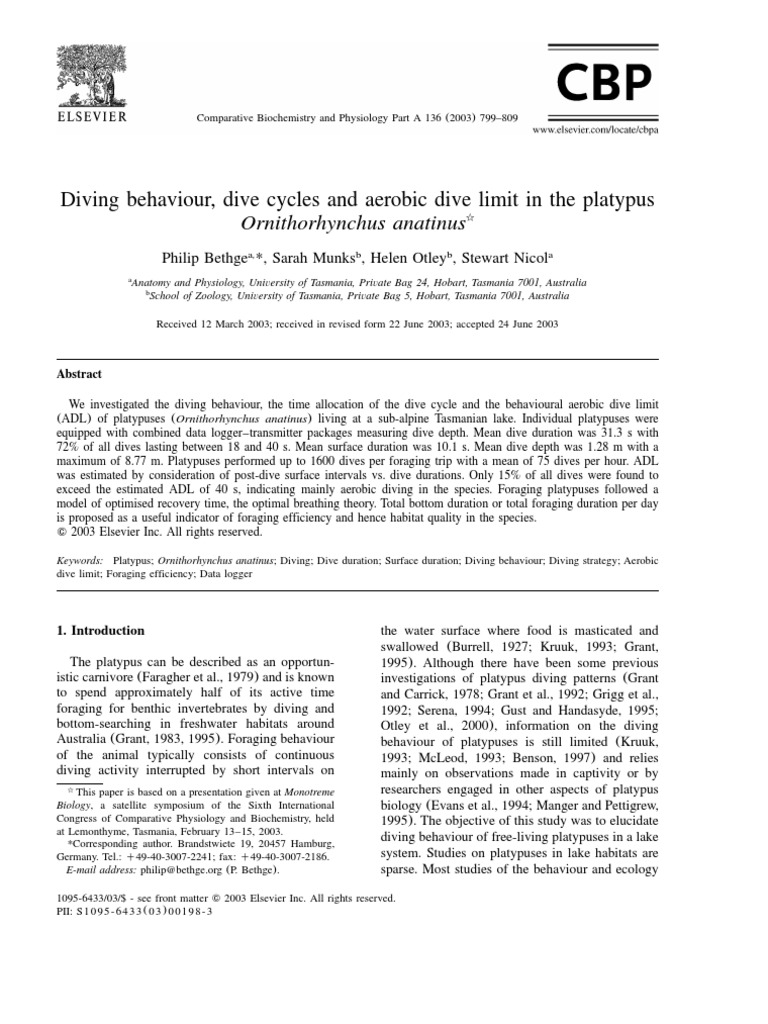 Diving Behaviour, Dive Cycles and Aerobic Dive Limit in The Platypus ...