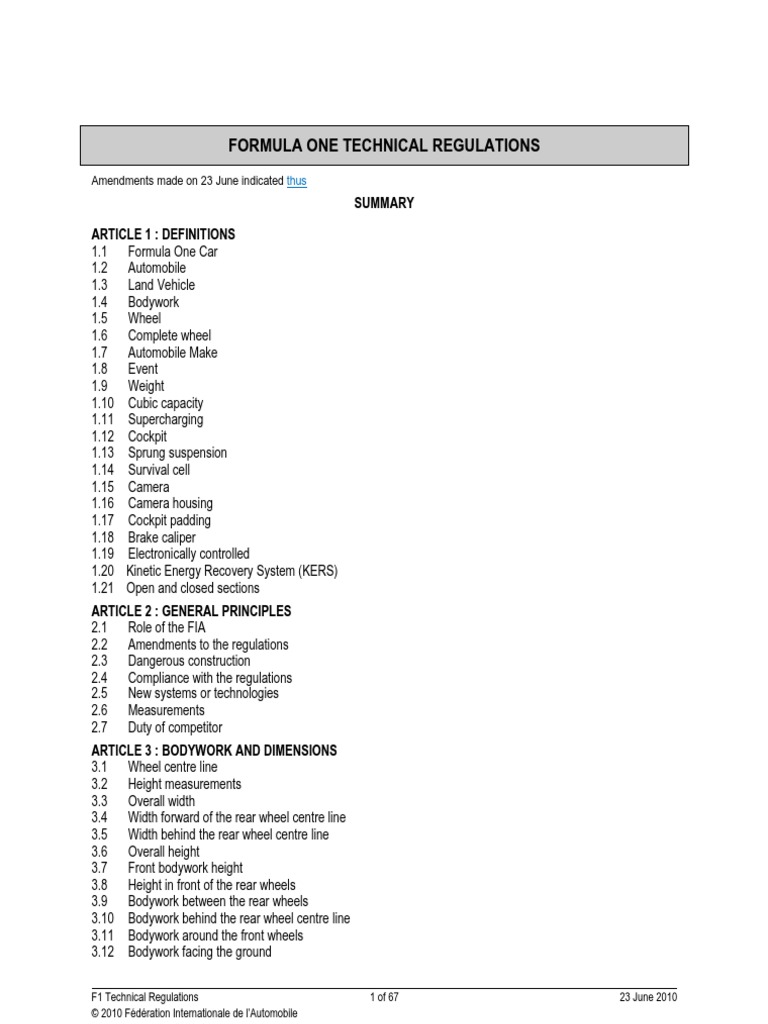 F1-2010 Technical Regulations | PDF | Ignition System | Engines