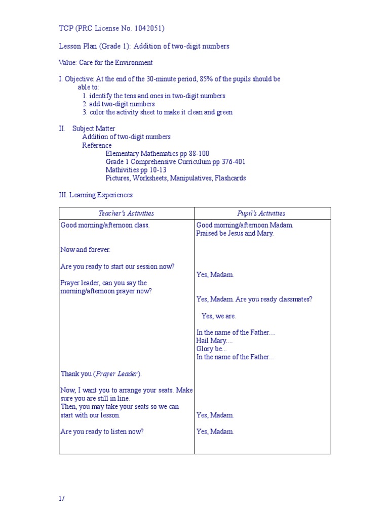 Lesson Plan Grade 1 Addition of Two Digit Numbers | PDF | Lesson Plan ...