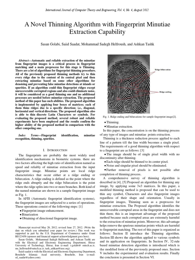 A Novel Thinning Algorithm With Fingerprint Minutiae Extraction Capability | Download Free PDF ...