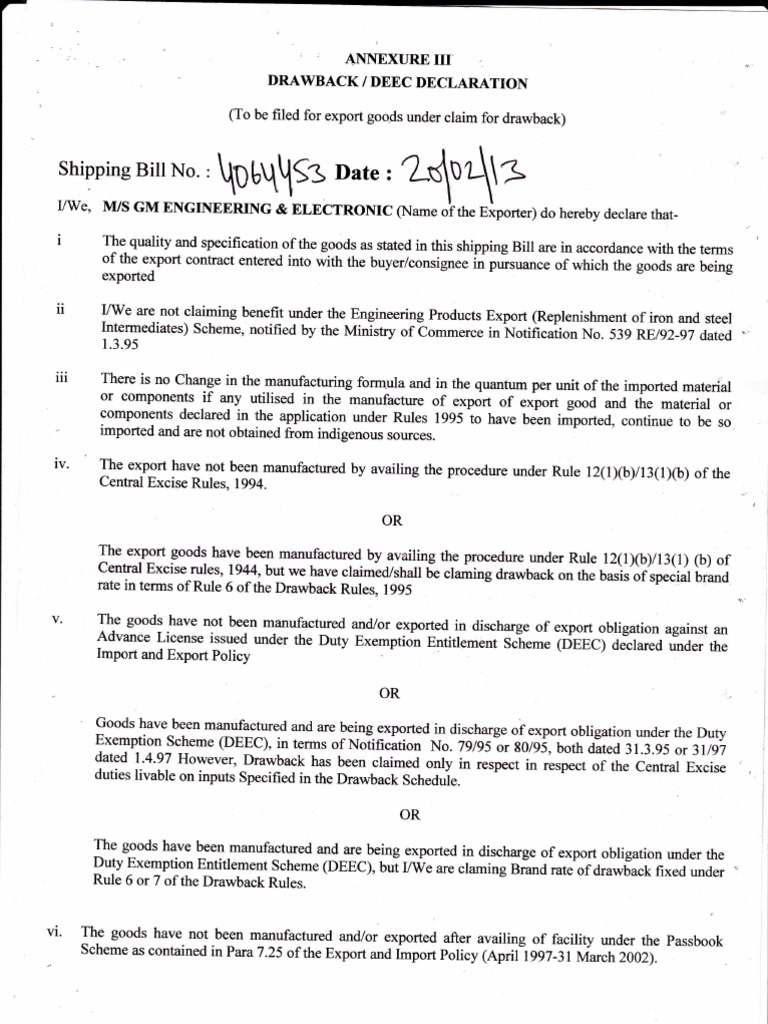 Drawback Declaration for Export Goods: Document Provides Details for ...