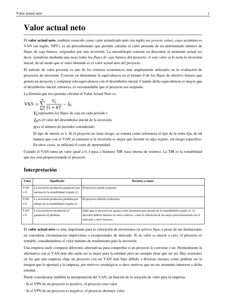 Valor Actual Neto | PDF | Valor presente neto | Presupuesto de capital
